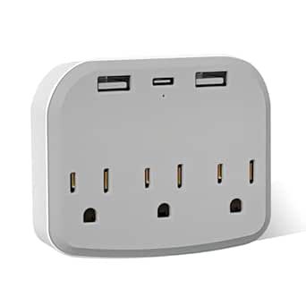 Wall Outlet Extender with 3 AC Outlets, 3 USB Ports, White, Standard ...