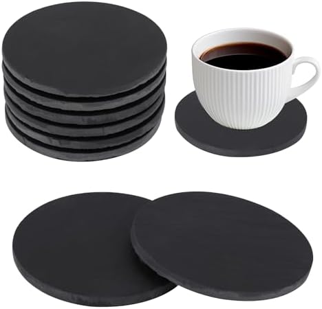 6 Pcs Black Slate Coaster, Thick Design(0.2") Round Mugs Coasters Set ...