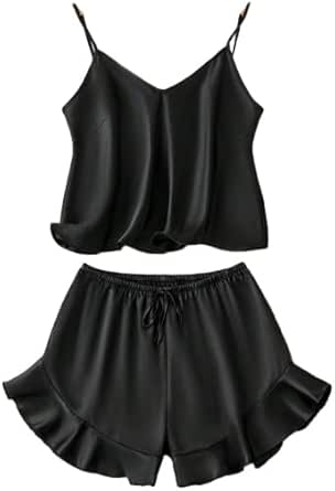 Amazon.com: Pajama Sets for Women 2 Piece Ruffle Hem Satin PJ Set ...