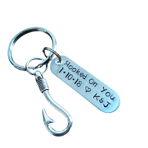 Amazon.com: Hand Stamped Personalized Hooked On You Keychain - Fishing ...