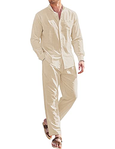 COOFANDY Men Linen Sets Outfits 2 Piece Casual Long Sleeve V-Neck Beach ...