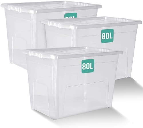 KLASS 80L Plastic Storage Boxes With Lids Set of 3, Strong BPA Free ...