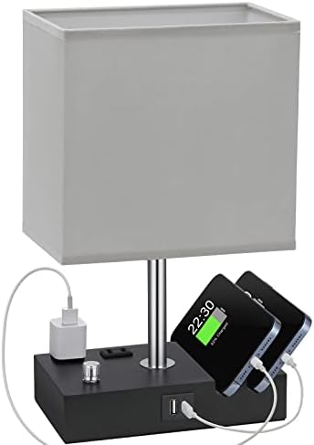 Table Lamp with USB Port, Stepless Dimmable USB Bedside Lamp with Wood ...