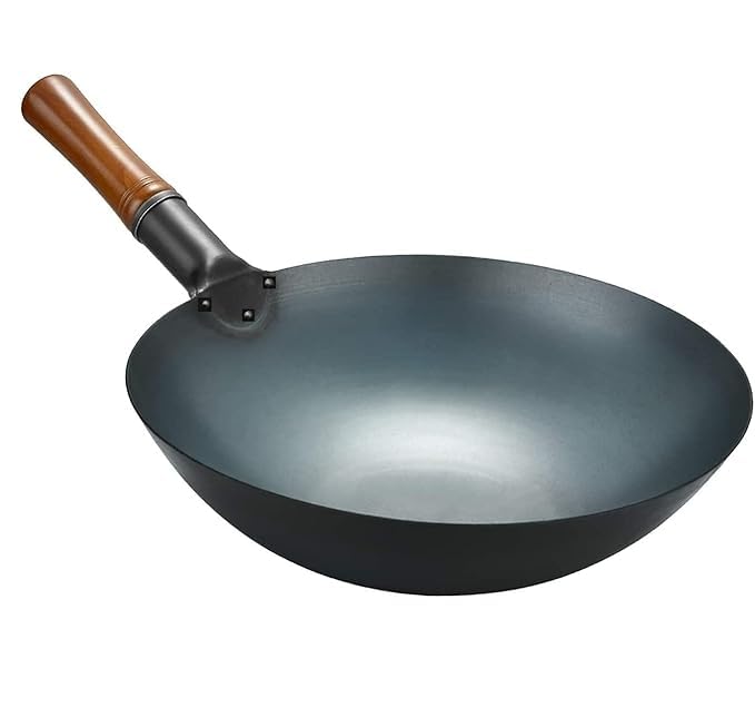 Big Iron Wok 14'' Black with Riveted Wooden Handle for Home and ...