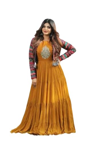 Buy CHHAVI Creation Plain Faux Georgette Ruffle Mustard Anarkali Gown ...