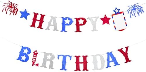 Amazon.com: Red White and Blue 4th of July Happy Birthday Banner, 4th ...