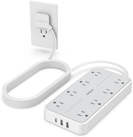 Flat Plug Power Bars with Surge Protector, TESSAN 10 Ft Extension Cord ...