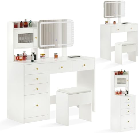 YITAHOME Dressing Table with LED Lights, Vanity Table with Cabinet ...