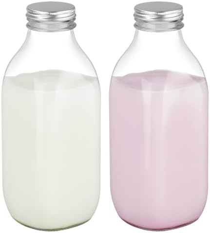 32oz Square Glass Milk Bottle with Plastic Airtight Lids, Quart Sized ...