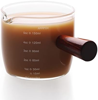 Single Spout Espresso Coffee Shot Glass with Wood Handle Measuring Cup Triple Pitcher Milk Cup ...