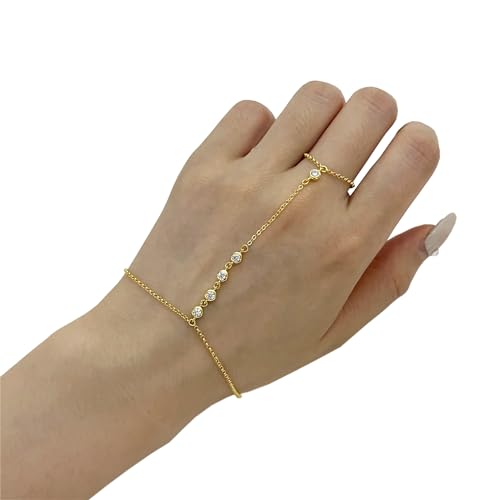Amazon.com: 14K Gold CZ Diamond Finger Ring Bracelet Hand Chain for ...