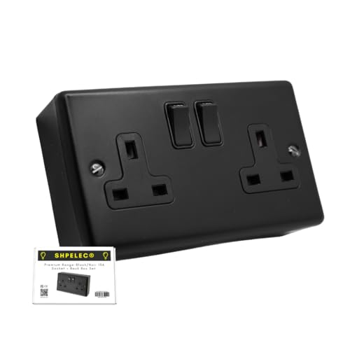 SHPELEC Matt Black Finish 13A Metal Double Socket with 35mm PVC Surface ...