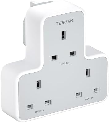 Multi Plug Extension Socket, TESSAN 3 Way Plug Adapter UK, Non Blocking ...