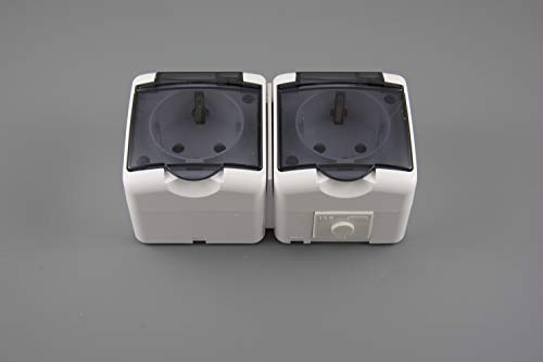 2-Way Surface-Mounted Schuko Wet Room Socket IP54 with Cover Smoke ...