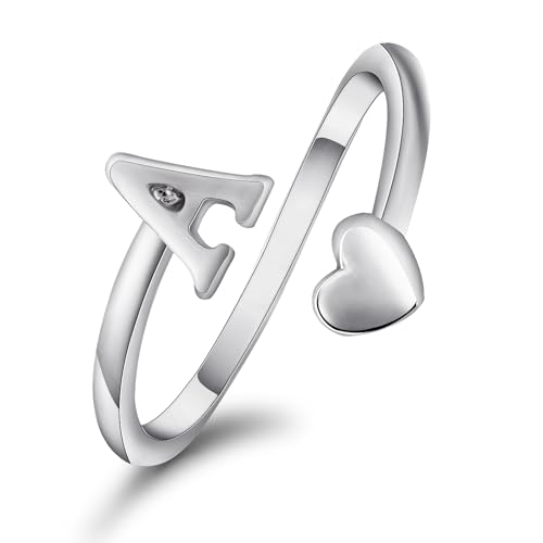 Amazon.com: Silver Initial Ring Heart Letter Ring Adjustable Rings for Women Stackable Sterling ...