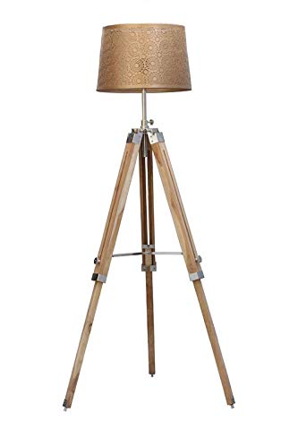 AI | Brass and Wooden Tripod Floor Lamp Stand with Shade and Bulb ...