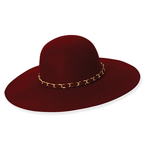 Adora Women's Wool Felt Wide Brim Fedora Floppy Hat with Gold Chain ...