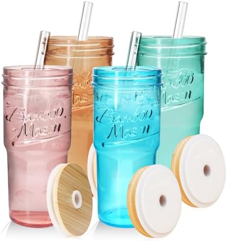 Amazon.com | ANOTION Colored Glass Cups with Lids and Straws - 24oz ...