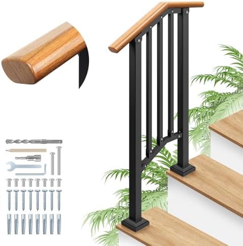 Hand Rails for Outdoor Steps, Metal Wood-Grain 2 Step Handrail, Outdoor ...
