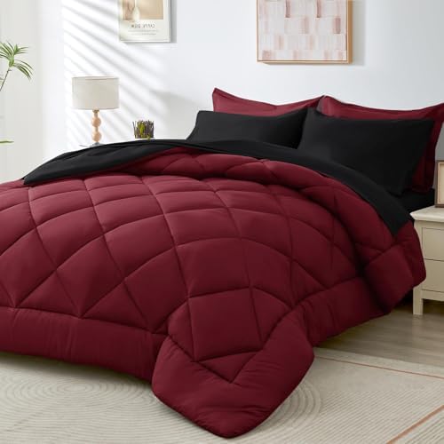 Amazon.com: Houseri Burgundy Comforter Set Full Dark Red Farmhouse ...