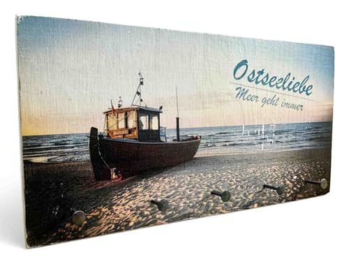 Schlüsselbrett Holz - Ostseeliebe - 12x24 cm, mit 5 geschmiedeten Nägeln als Haken ...