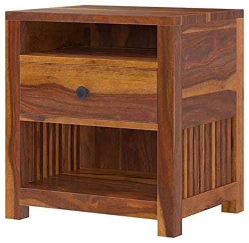 Solid Sheesham Wood Square Bedside Table Wooden Drawer & Cabinet ...