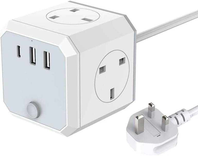 Cube Extension Lead with USB Slots, 4 Way Multi Plug with 2 USB A and 1 ...