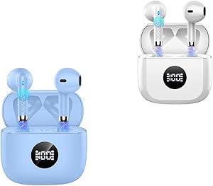 Amazon.com: Jxrev 2 Pack Light Blue and White Wireless Earbuds ...