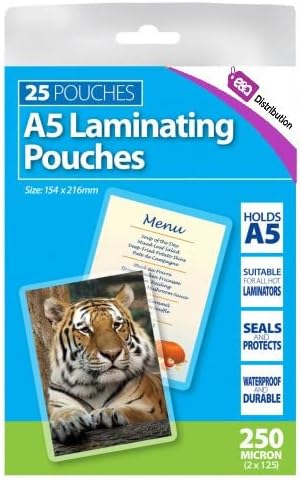 A5 Laminating Pouches 250 Microns (2 x 125) Pack of 25 Pouches Seals ...