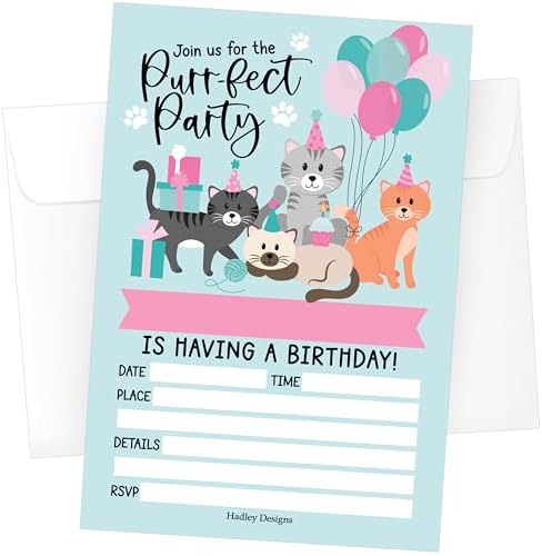 Amazon.com : Chuxvon Cat Birthday Party Invitations, Kitten Birthday ...