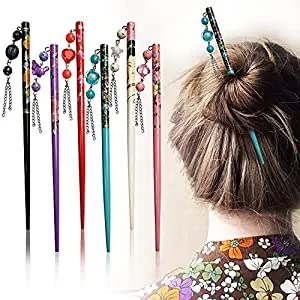 Buy TINY DEAL 6 Pc Juda Stick Hair Stick Wooden Plastic Design Attached ...