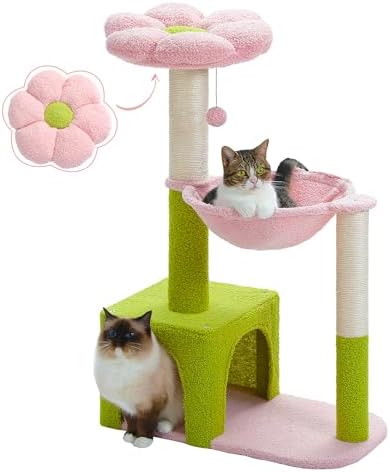 MUTTROS Flower Cat Tree with Large Metal Frame Hammock, 35" Pink Cat ...