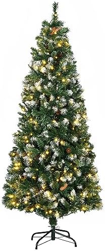 HOMCOM 6ft Slim Prelit Artificial Christmas Tree with Snow-Dipped ...