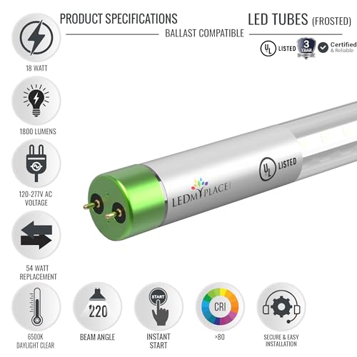 LEDMyplace T8 4ft LED Tube Light, Glass, 18W, 1800 Lumens, 6500K ...