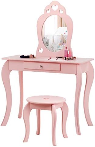 COSTWAY Kids Dressing Table, Girls Vanity Tables with Stool, Removable ...