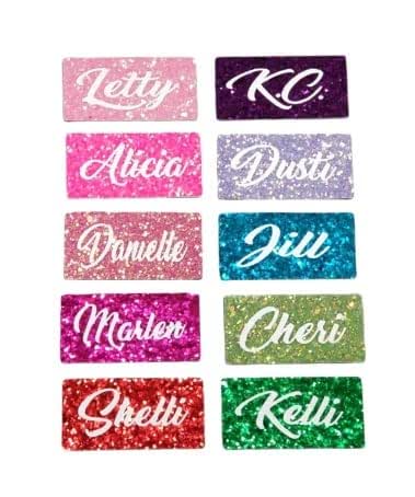 Amazon.com: Glitter name tag PIN or MAGNET work badge Gloss sealed ...