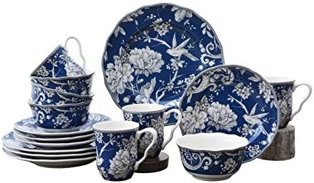 Amazon.com | MISC Dark Blue 16 Piece Dinnerware Set Floral Porcelain ...