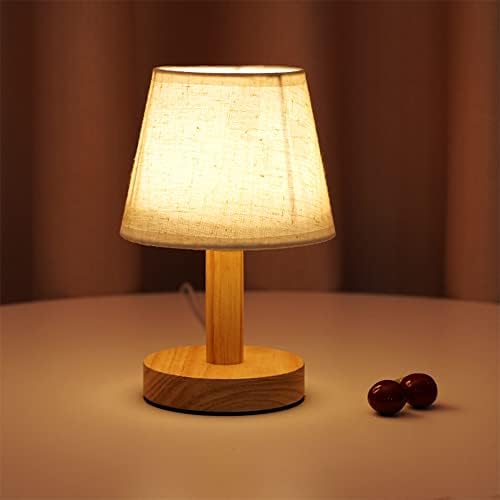 YKCGG Small Bedside Table Lamp, Wooden Bedroom Lamp with Linen Shade ...