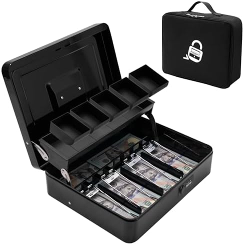 Amazon.com: Locking Cash Box with Carry Bag, Metal Money Box with Money ...