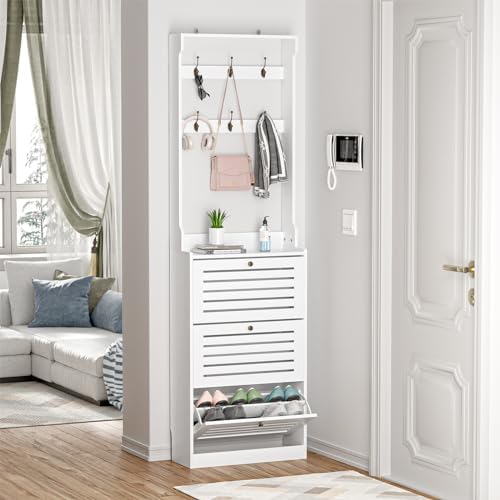 Giluta Shoe Cabinet with Coat Rack, Tall White Shoe Cabinet for ...
