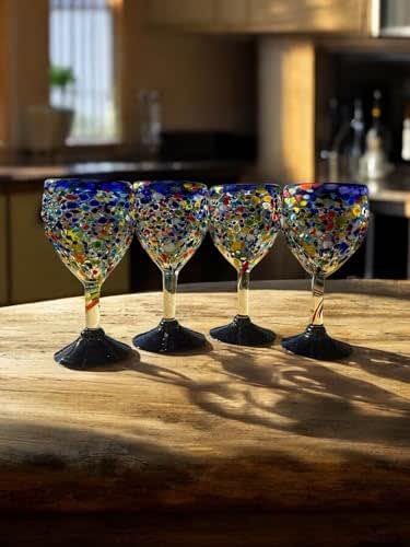 Amazon.com: Hand-Blown Wine Glass Set; Mexican Glassware with Blue Rim ...