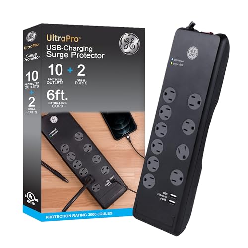 GE UltraPro Surge Protector, 10 Outlet Power Strip, 2 USB Charging ...
