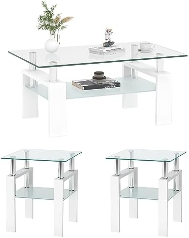 Amazon.com: 3 Piece Living Room Table Set, Glass Coffee Table and End ...