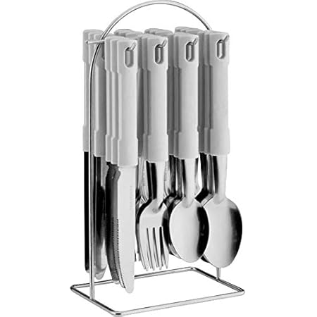 24 Piece Stainless Steel Cutlery Set with Hanging Cutlery Stand (Cream ...