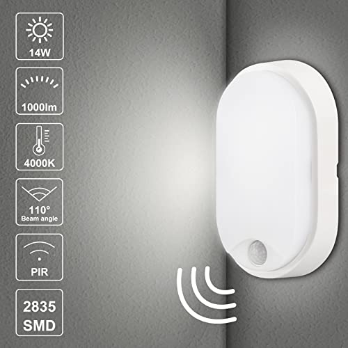 14W LED 4000K IP54 Flush Wall Mounted PIR Sensor Oval Bulkhead Light Fixture for Outdoor, Garden ...