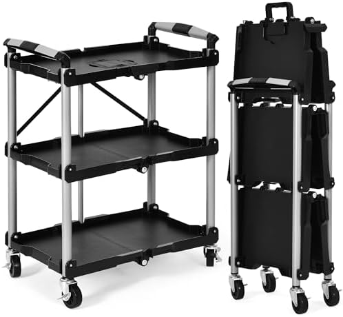Amazon.com: 3 Tier Rolling Utility Foldable Cart - Metal Folding Cart with Wheels, Collapsible ...