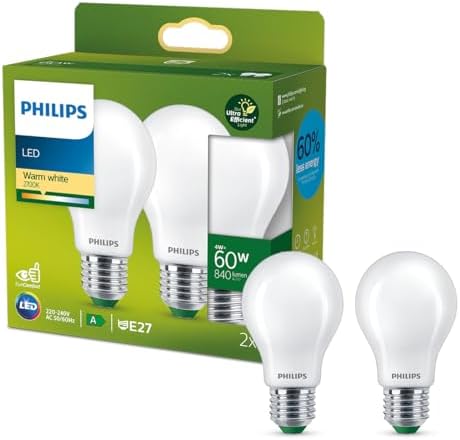 Philips, ampoule LED Ultra Efficient classe A, culot E27, dépolie, équivalent 60W, blanc chaud ...