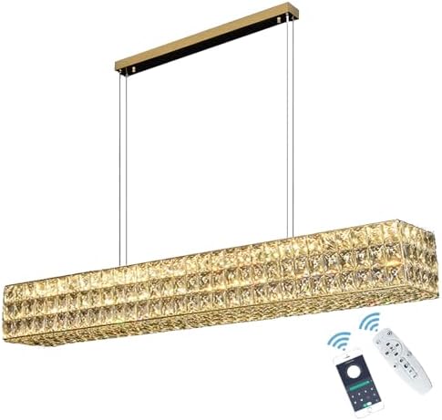 Remote Control Gold 60 Inch Linear Crystal Chandelier Rectangular 3000K ...