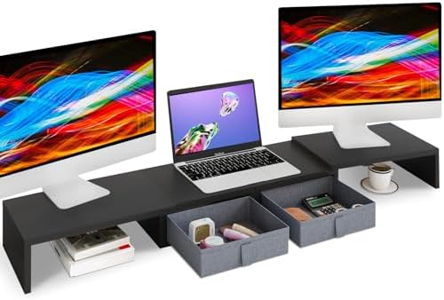 Amazon.com: Dual Monitor Stand Riser w/ Drawer & Metal Leg, Large ...