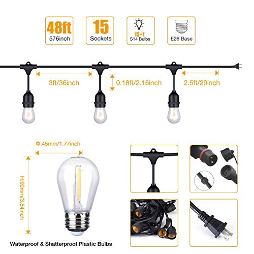 FOXLUX Outdoor String Lights - 48 ft Shatterproof and Waterproof Heavy ...
